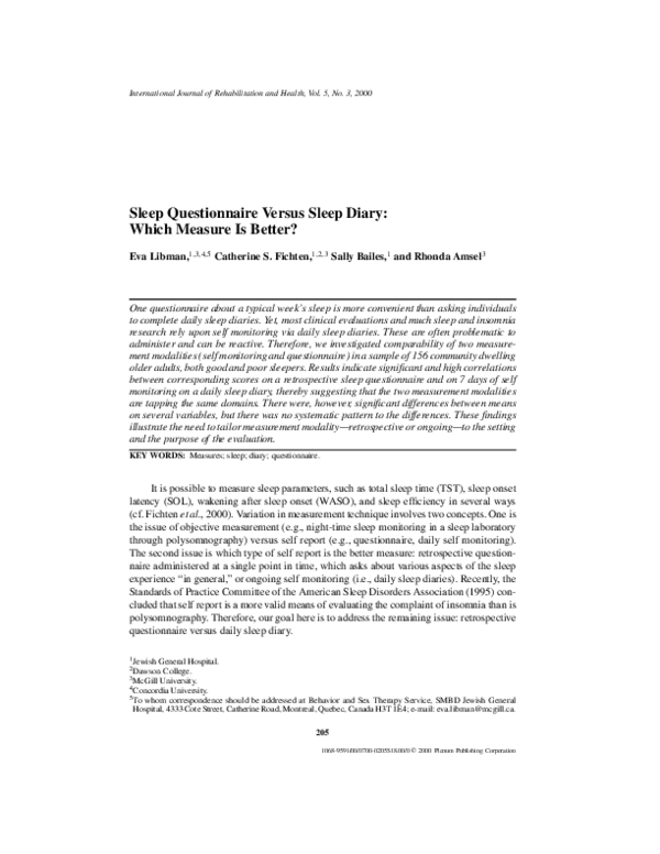 (PDF) Sleep Questionnaire Versus Sleep Diary: Which Measure Is Better?