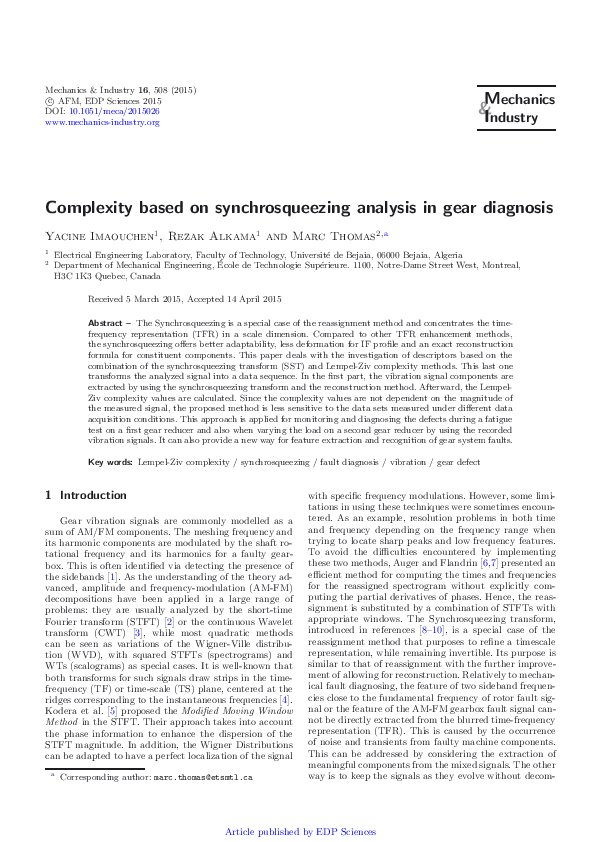 (PDF) Complexity based on synchrosqueezing analysis in gear diagnosis
