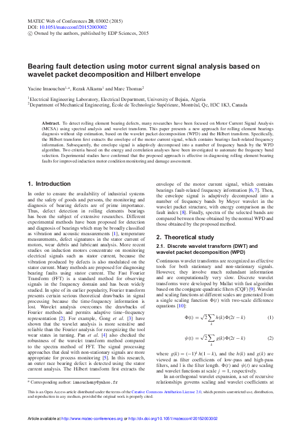 Bearing fault detection using motor current signal analysis based on wavelet packet ...