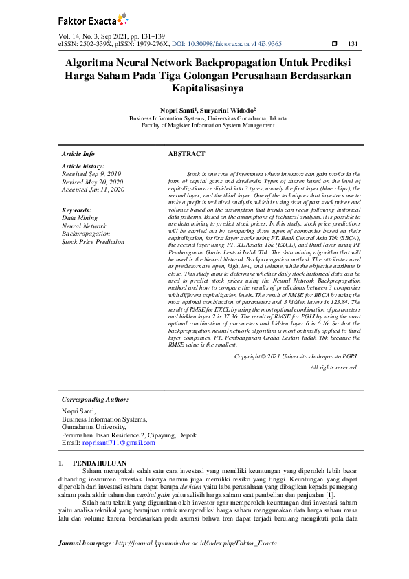 Pdf Algoritma Neural Network Backpropagation Untuk Prediksi Harga Saham Pada Tiga Golongan