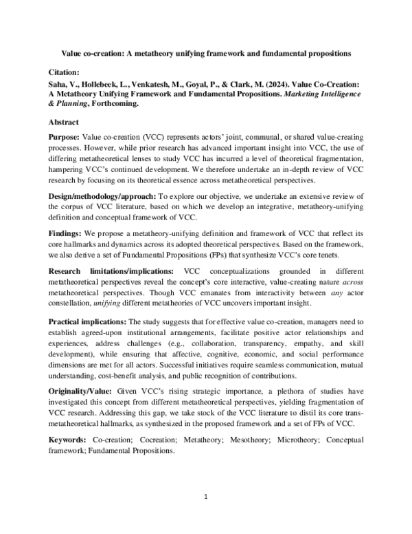 (PDF) Value co-creation: A metatheory unifying framework and fundamental propositions