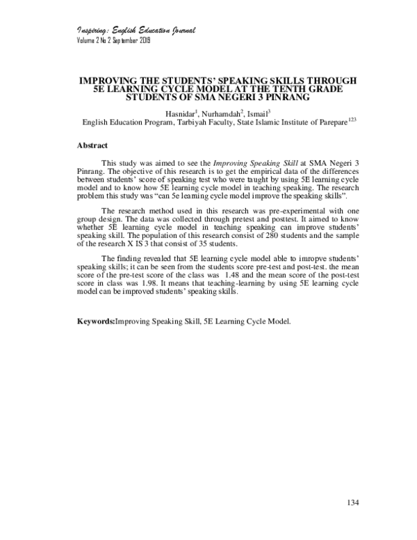 (PDF) Improving the Students’ Speaking Skills Through 5E Learning Cycle Model at the Tenth Grade ...