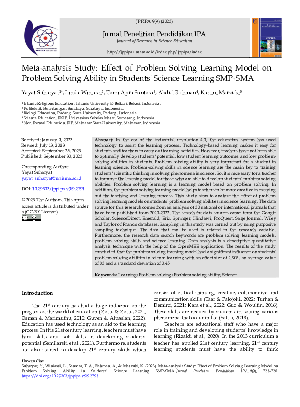 (PDF) Meta-analysis Study: Effect of Problem Solving Learning Model on Problem Solving Ability ...