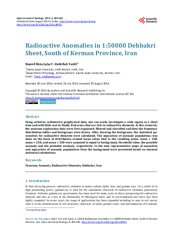 (PDF) Radioactive Anomalies in 1:50000 Dehbakri Sheet, South of Kerman ...