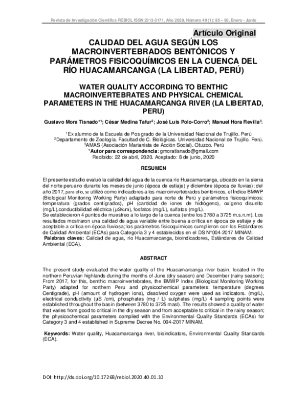 (PDF) Calidad Del Agua Según Los Macroinvertebrados Bentónicos y Parámetros Fisicoquímicos en La ...