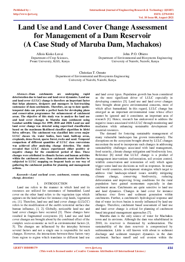 (PDF) Land Use and Land Cover Change Assessment for Management of a Dam Reservoir (A Case Study ...