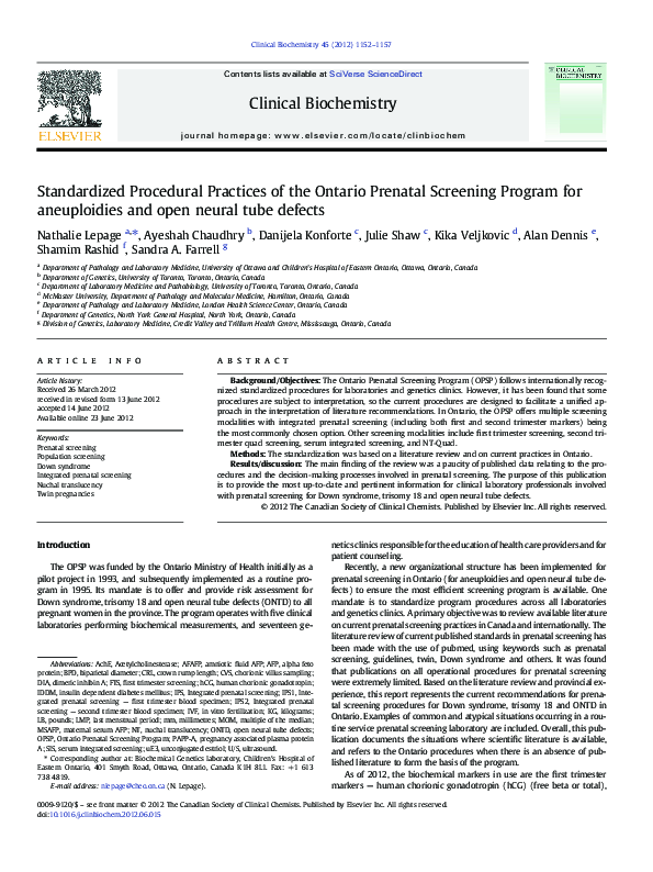 (PDF) Standardized Procedural Practices of the Ontario Prenatal ...