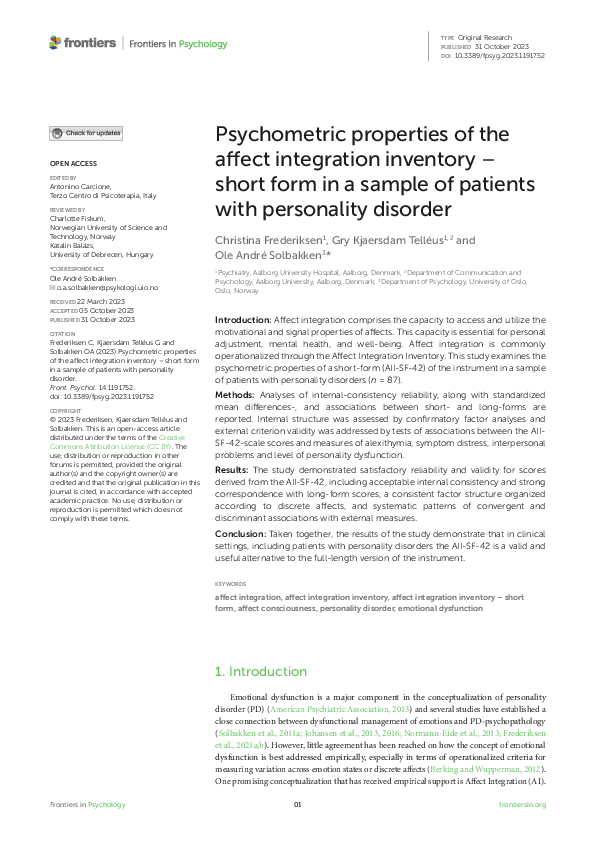 (PDF) Psychometric properties of the affect integration inventory ...