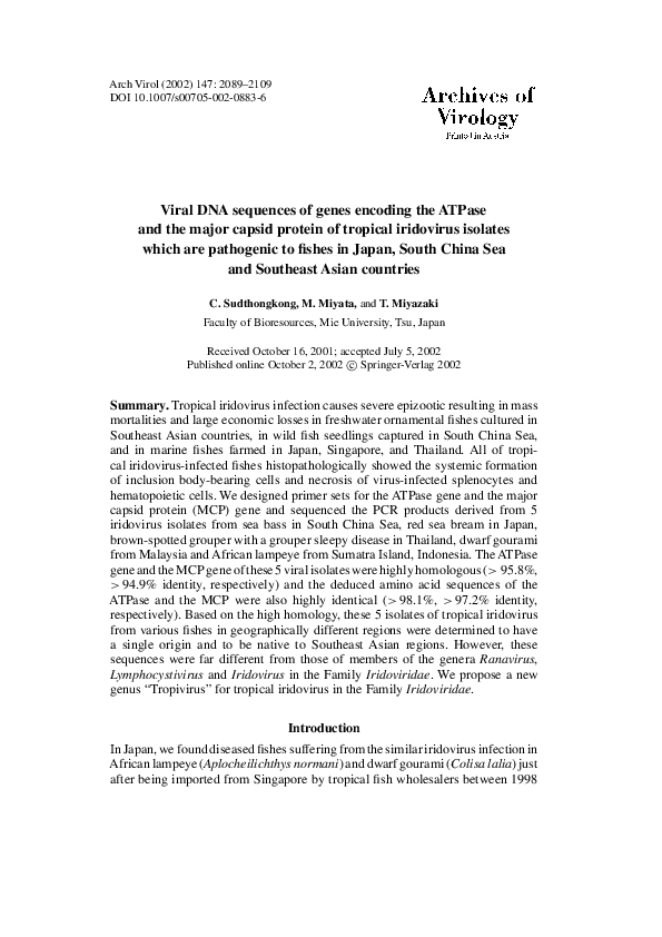 (PDF) Viral DNA sequences of genes encoding the ATPase and the major ...