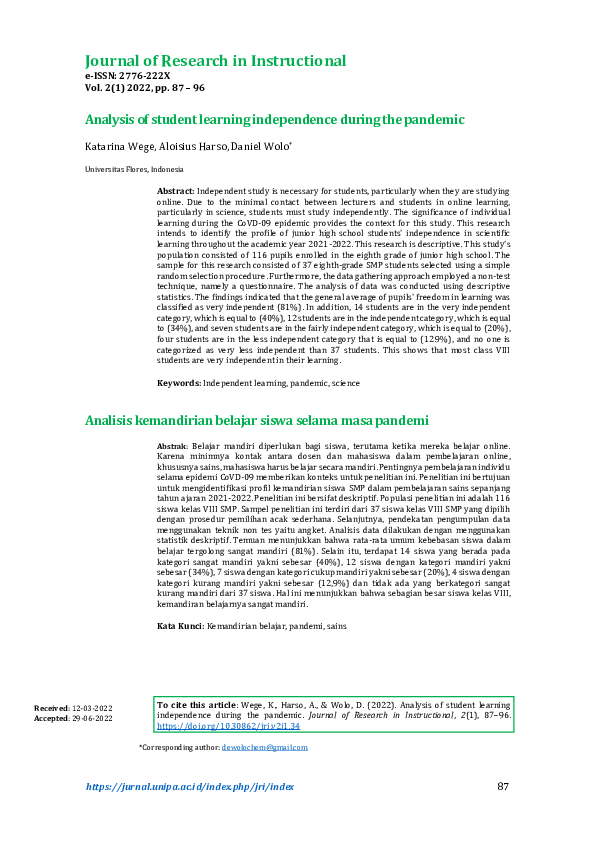 (PDF) Analysis of student learning independence during the pandemic