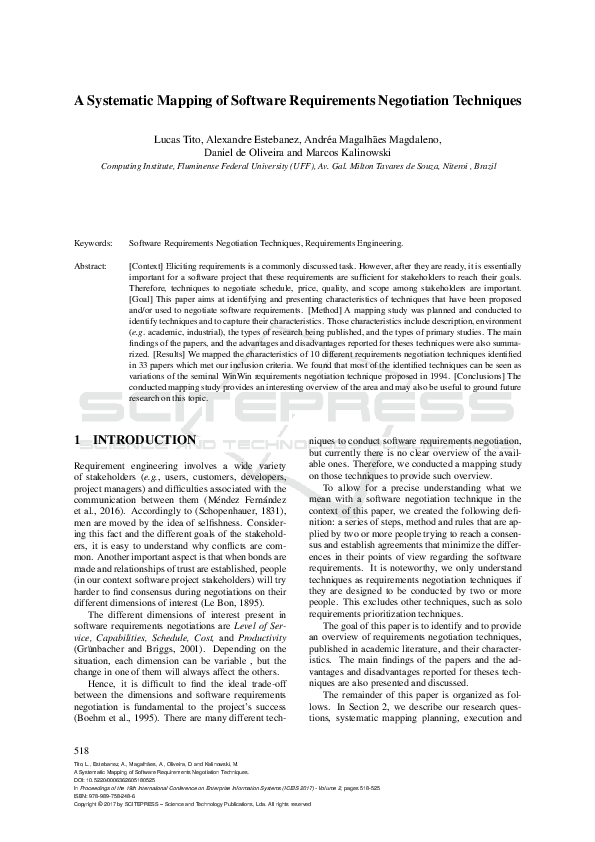 (PDF) A Systematic Mapping of Software Requirements Negotiation Techniques