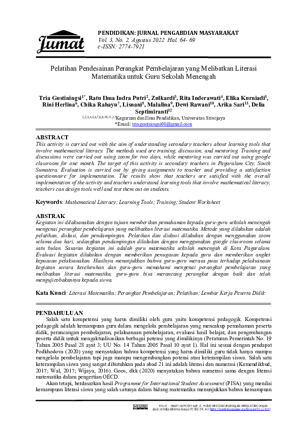 (PDF) Pelatihan Pendesainan Perangkat Pembelajaran yang Melibatkan Literasi Matematika untuk ...