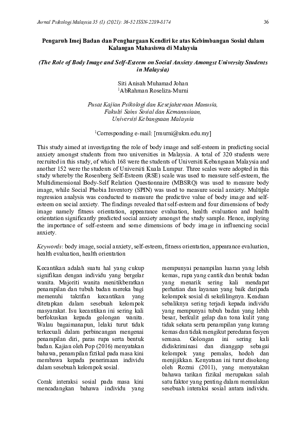 (PDF) Pengaruh imej badan dan penghargaan kendiri ke atas kebimbangan ...