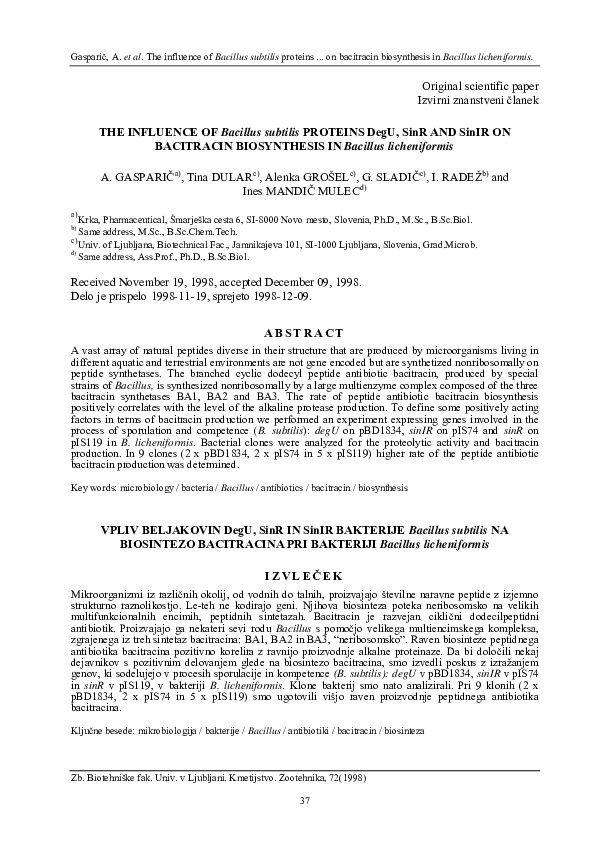(PDF) THE INFLUENCE OF Bacillus subtilis PROTEINS DegU, SinR AND SinIR ...