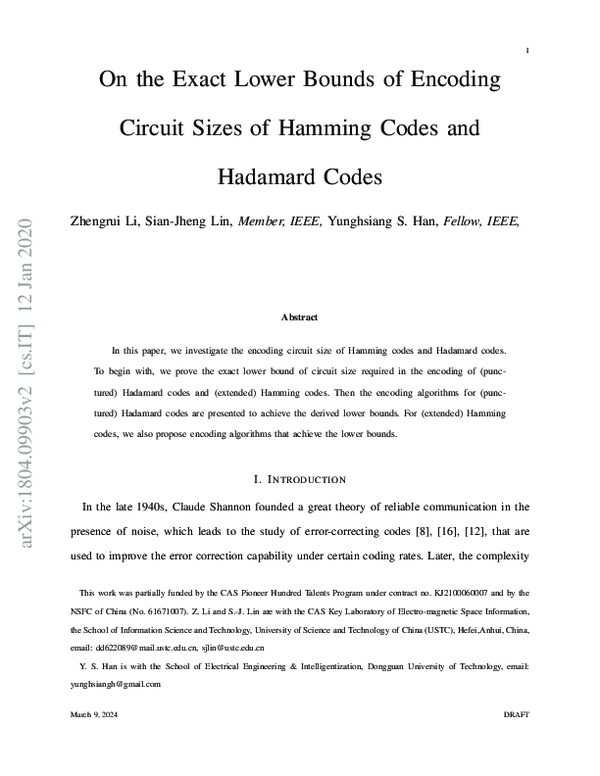 (PDF) On the Exact Lower Bounds of Encoding Circuit Sizes of Hamming ...