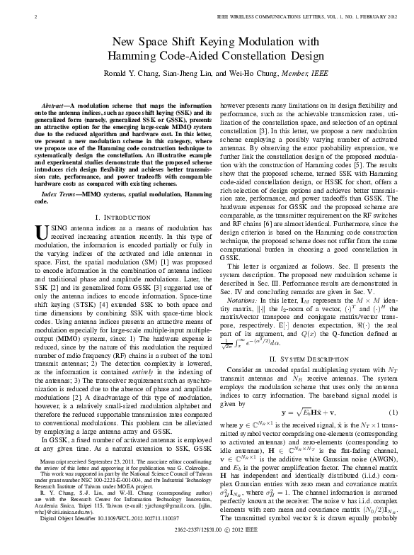(PDF) New Space Shift Keying Modulation with Hamming Code-Aided Constellation Design