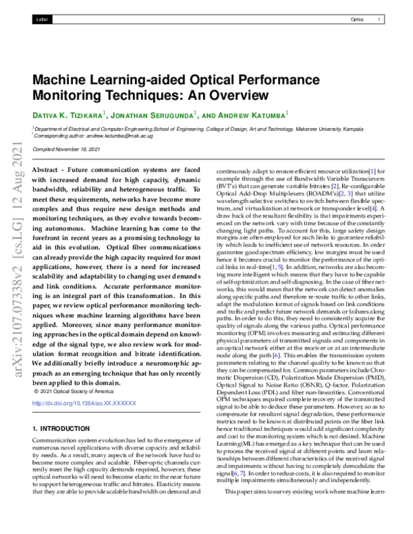 (PDF) An Overview of Machine Learning-aided Optical Performance Monitoring Techniques