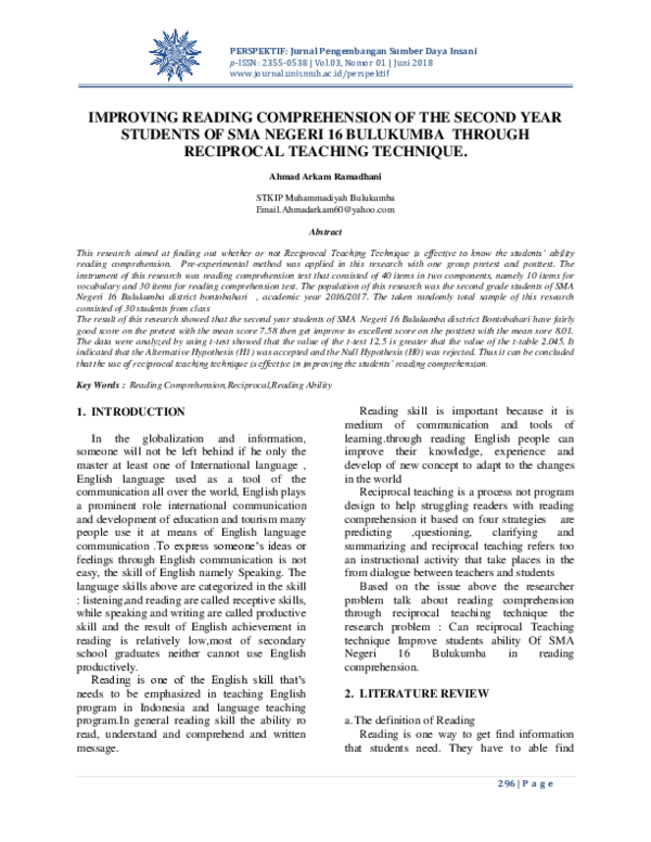 (PDF) Improving Reading Comprehension of the Second Year Students of Sma Negeri 16 Bulukumba ...