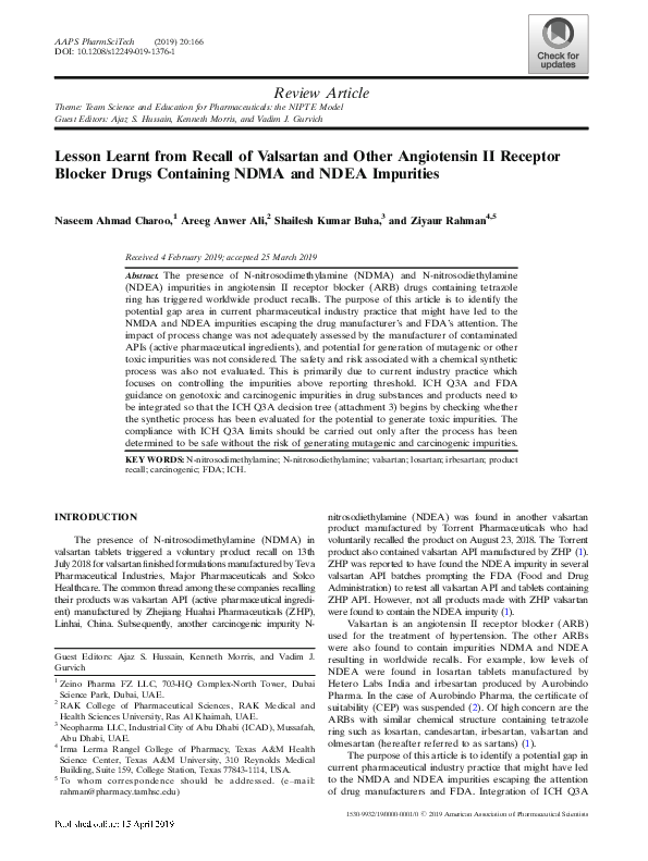 (PDF) Lesson Learnt from Recall of Valsartan and Other Angiotensin II Receptor Blocker Drugs ...