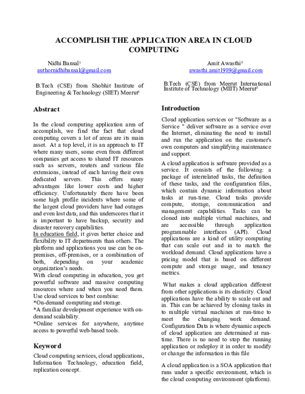 (PDF) Accomplish the Application Area in Cloud Computing