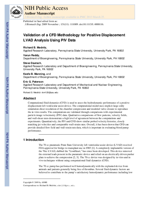 (PDF) Validation of a CFD Methodology for Positive Displacement LVAD Analysis Using PIV Data