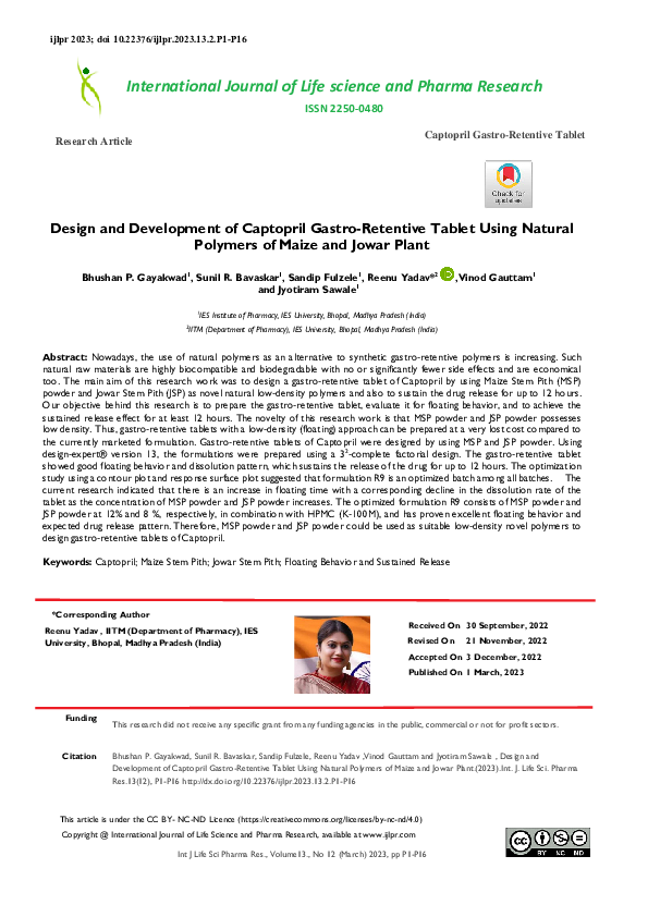 Pdf Design And Development Of Captopril Gastro Retentive Tablet Using Natural Polymers Of
