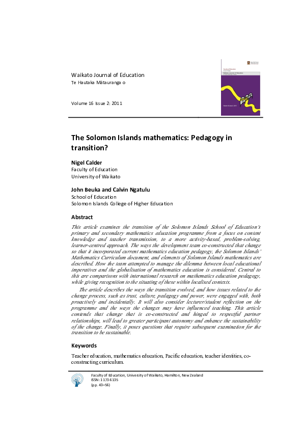 (PDF) The Solomon Islands mathematics: Pedagogy in transition?