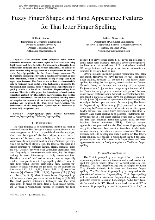 (PDF) Fuzzy finger shapes and hand appearance features for Thai letter ...