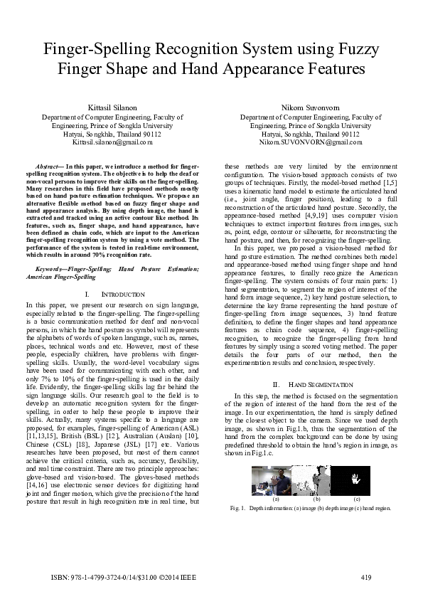 (PDF) Finger-spelling recognition system using fuzzy finger shape and hand appearance features