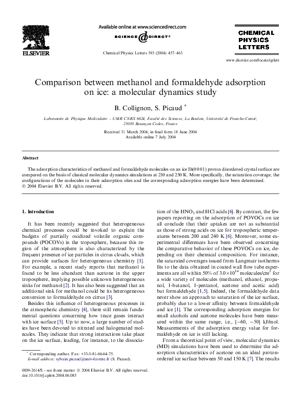 (PDF) Comparison between methanol and formaldehyde adsorption on ice: a ...