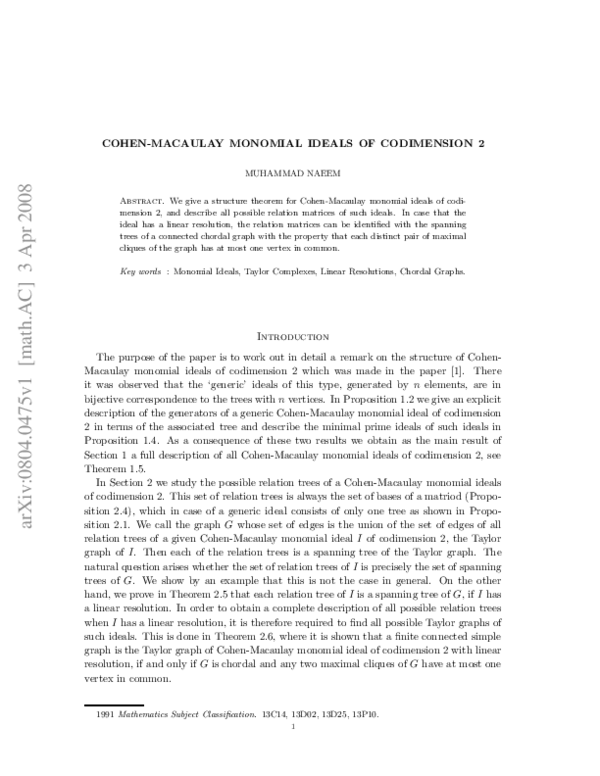 (PDF) Cohen–Macaulay monomial ideals of codimension 2