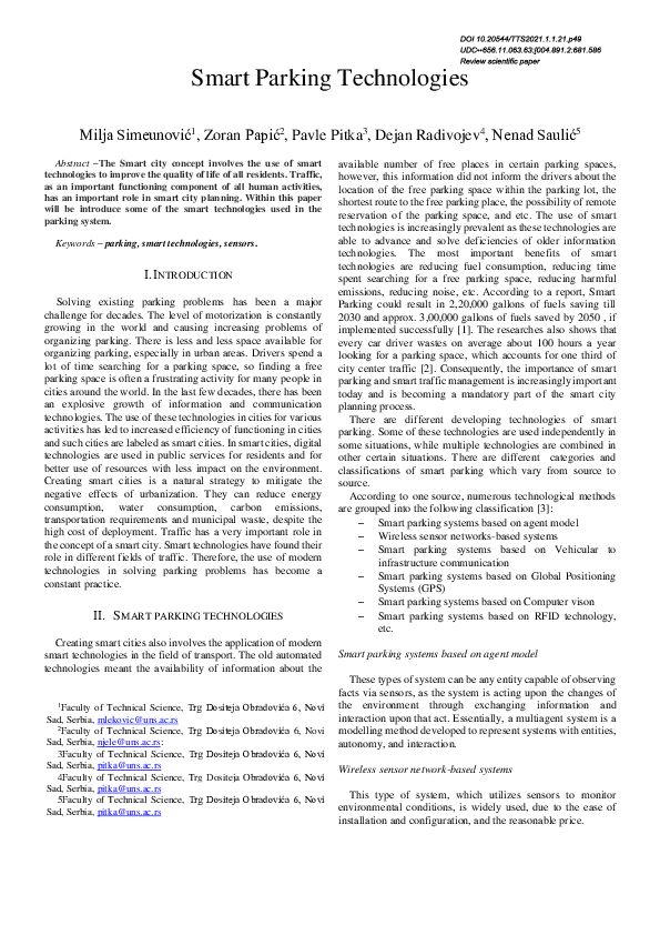 (PDF) Smart Parking Technologies
