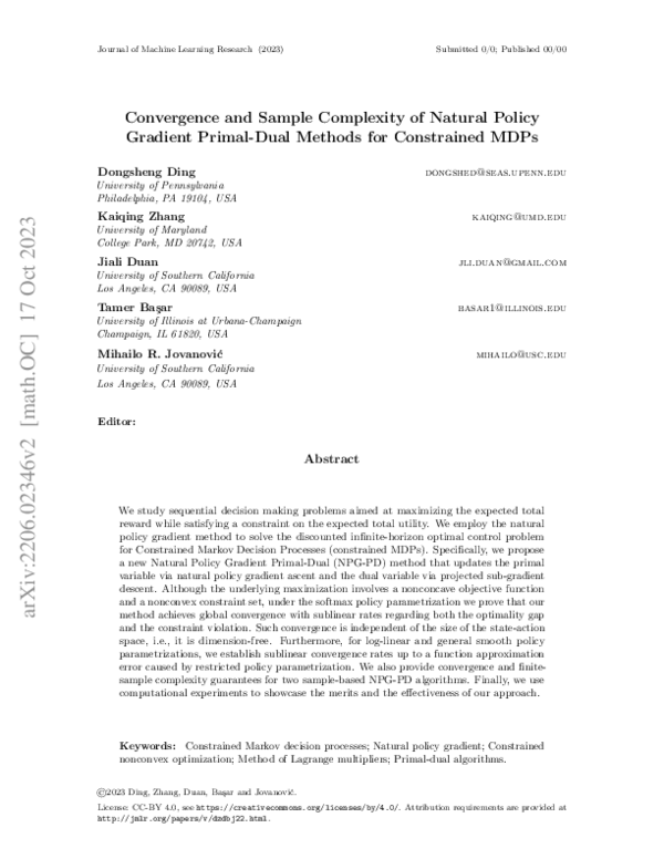 (PDF) Convergence and sample complexity of natural policy gradient primal-dual methods for ...