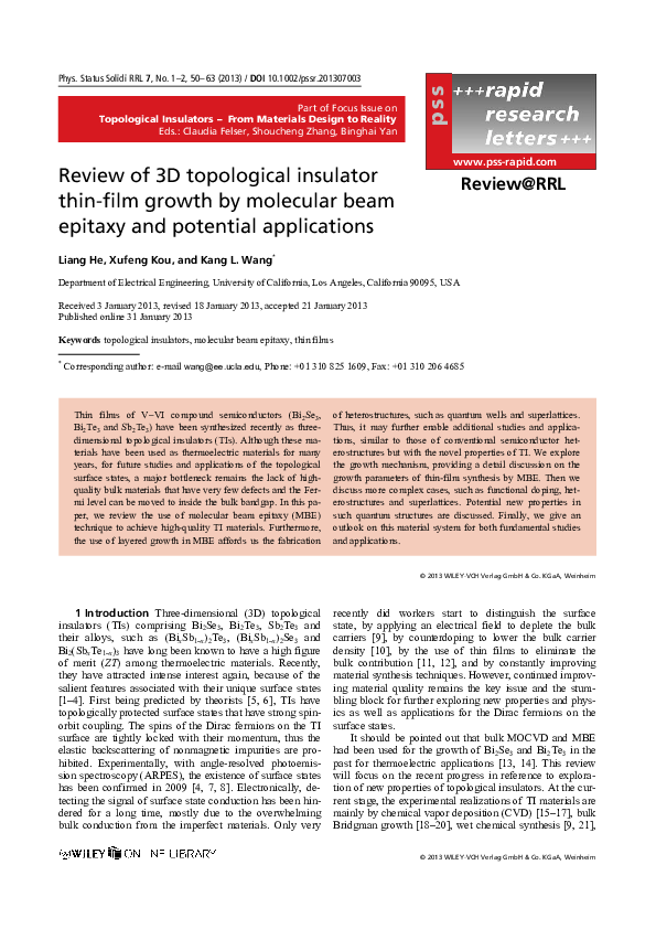 (PDF) Review of 3D topological insulator thin‐film growth by molecular ...