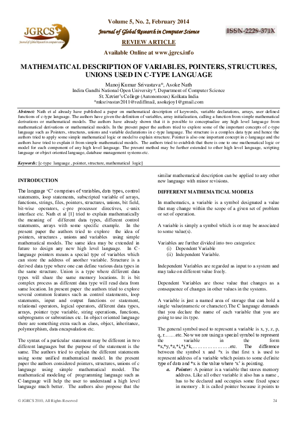 (PDF) Mathematical Description of Variables, Pointers, Structures, Unions Used in C-Type Language