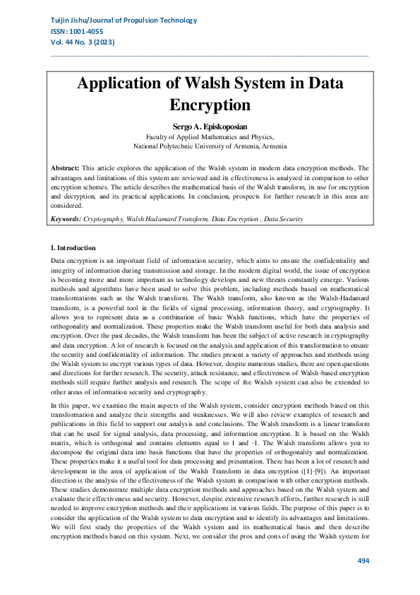 (PDF) Application of Walsh System in Data Encryption
