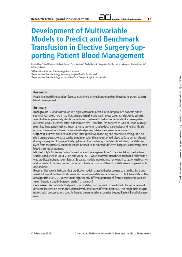 (PDF) Development of Multivariable Models to Predict and Benchmark Transfusion in Elective ...