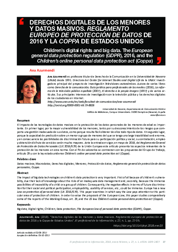(PDF) Derechos digitales de los menores y datos masivos. Reglamento ...