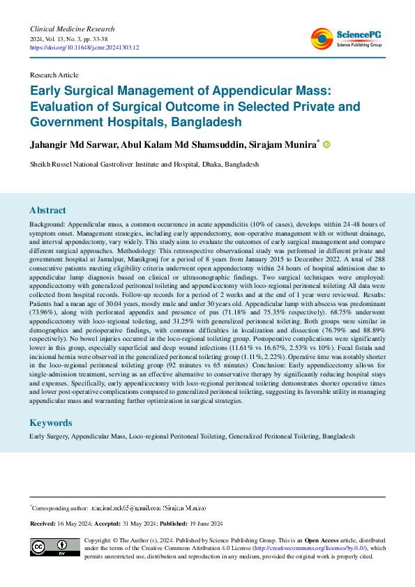 (PDF) Surgical Outcomes of Early Appendicectomy in Appendicular Mass