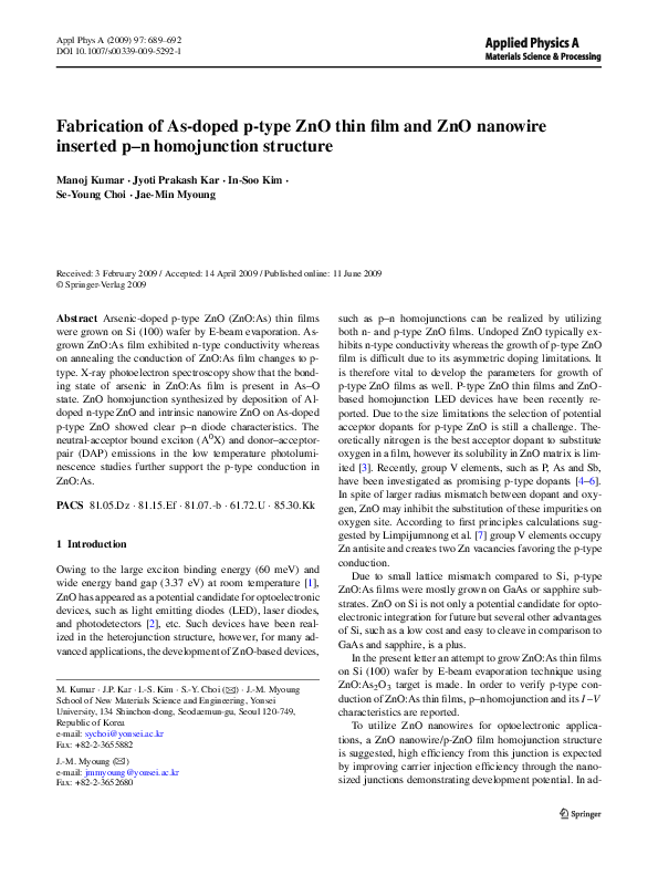(PDF) Fabrication of As-doped p-type ZnO thin film and ZnO nanowire inserted p–n homojunction ...