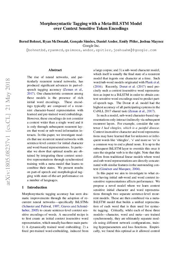 (PDF) Morphosyntactic Tagging with a Meta-BiLSTM Model over Context Sensitive Token Encodings