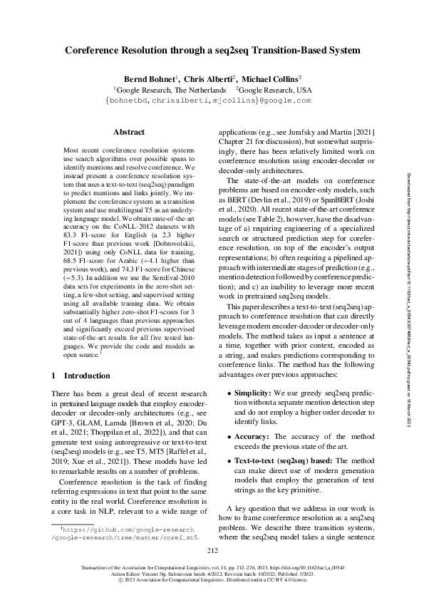 (PDF) Coreference Resolution through a seq2seq Transition-Based System