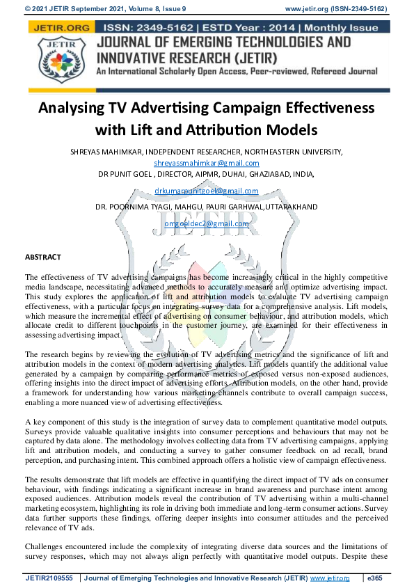 (PDF) Analysing TV Advertising Campaign Effectiveness with Lift and ...
