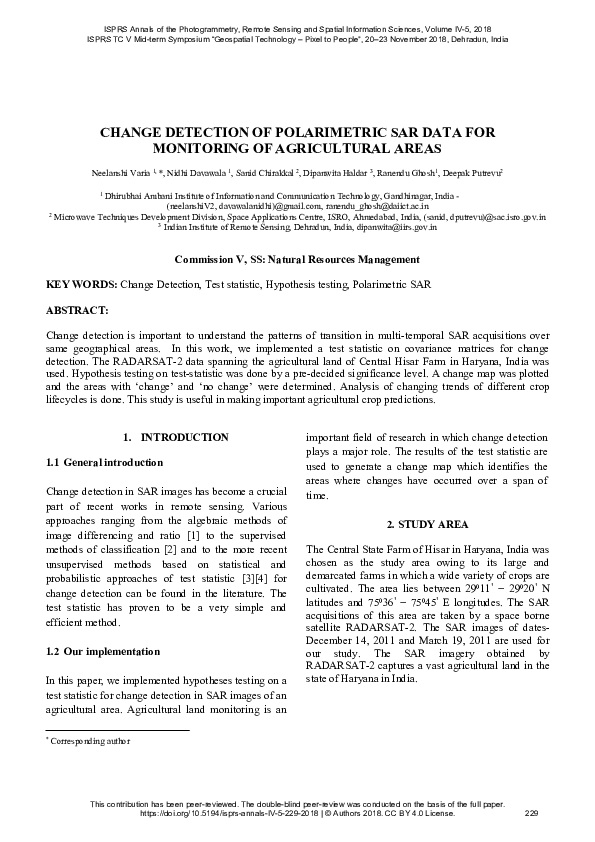 (PDF) Change Detection of Polarimetric Sar Data for Monitoring of Agricultural Areas