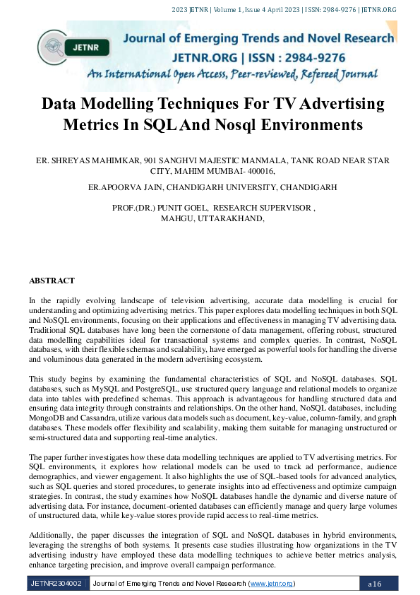 (PDF) Data Modelling Techniques For TV Advertising Metrics In SQL And Nosql Environments