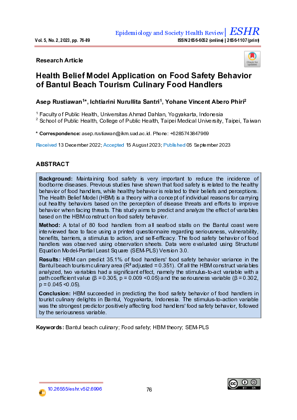 (PDF) Health Belief Model Application on Food Safety Behavior of Bantul ...