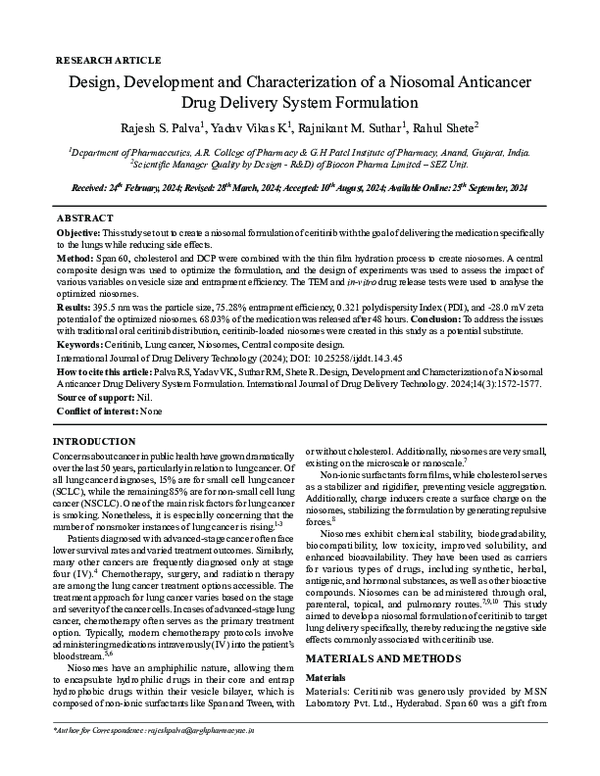 (PDF) Design, Development and Characterization of a Niosomal Anticancer ...