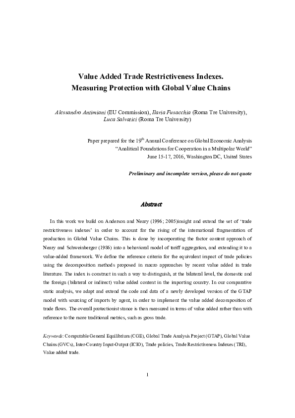(PDF) Value Added Trade Restrictiveness Indexes. Measuring Protection Within Global Value Chains ...