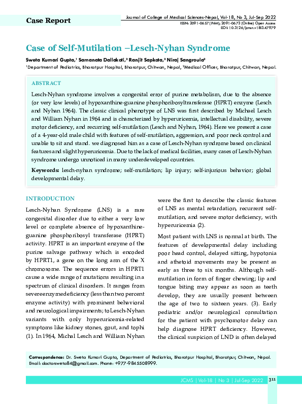 (PDF) Case of Self-Mutilation –Lesch-Nyhan Syndrome