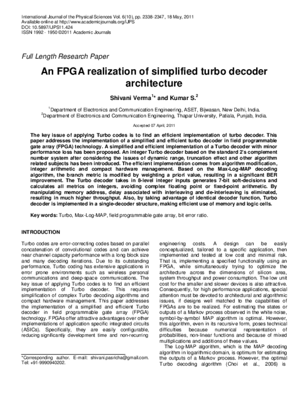 Pdf Efficient Turbo Decoder Implementation On Fpga 